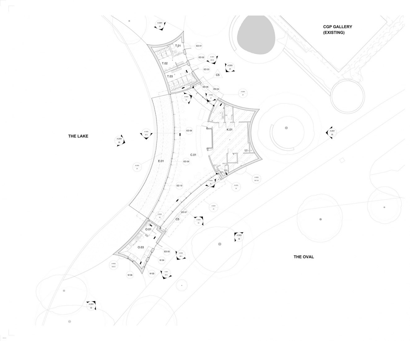 Curves for a white brick pavilion looking at the lake by Bell Philips ...
