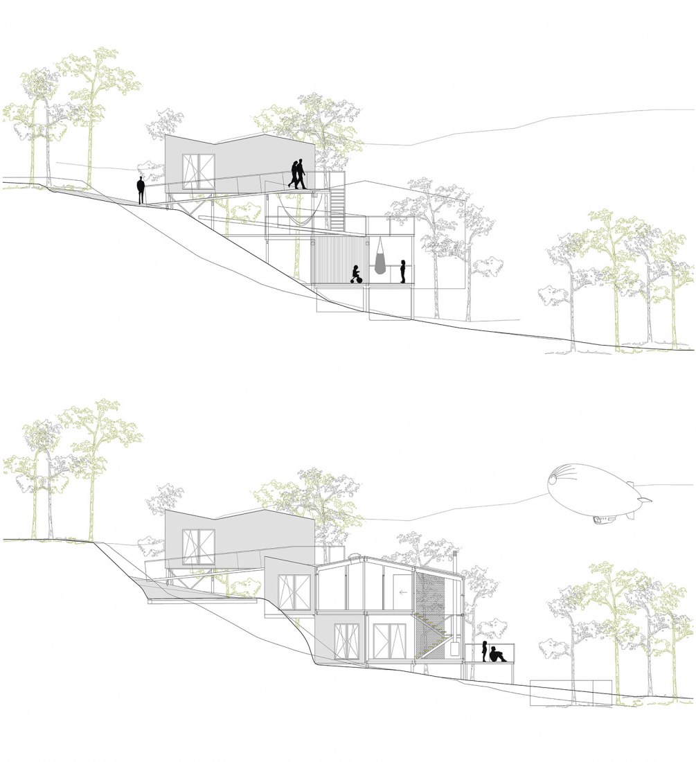 A fragmented house on a slope. rNrH industrialized home by Juan Marco ...