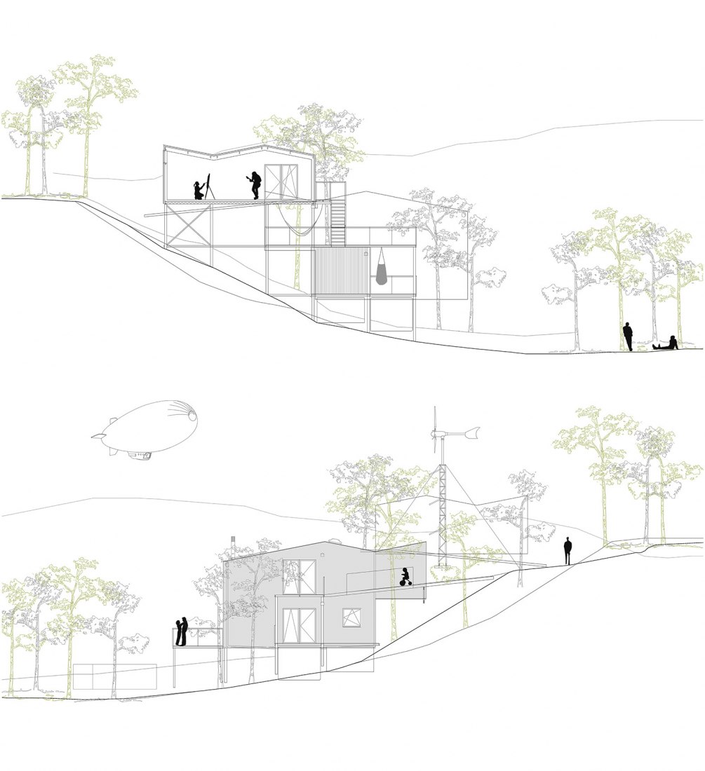 A fragmented house on a slope. rNrH industrialized home by Juan Marco ...