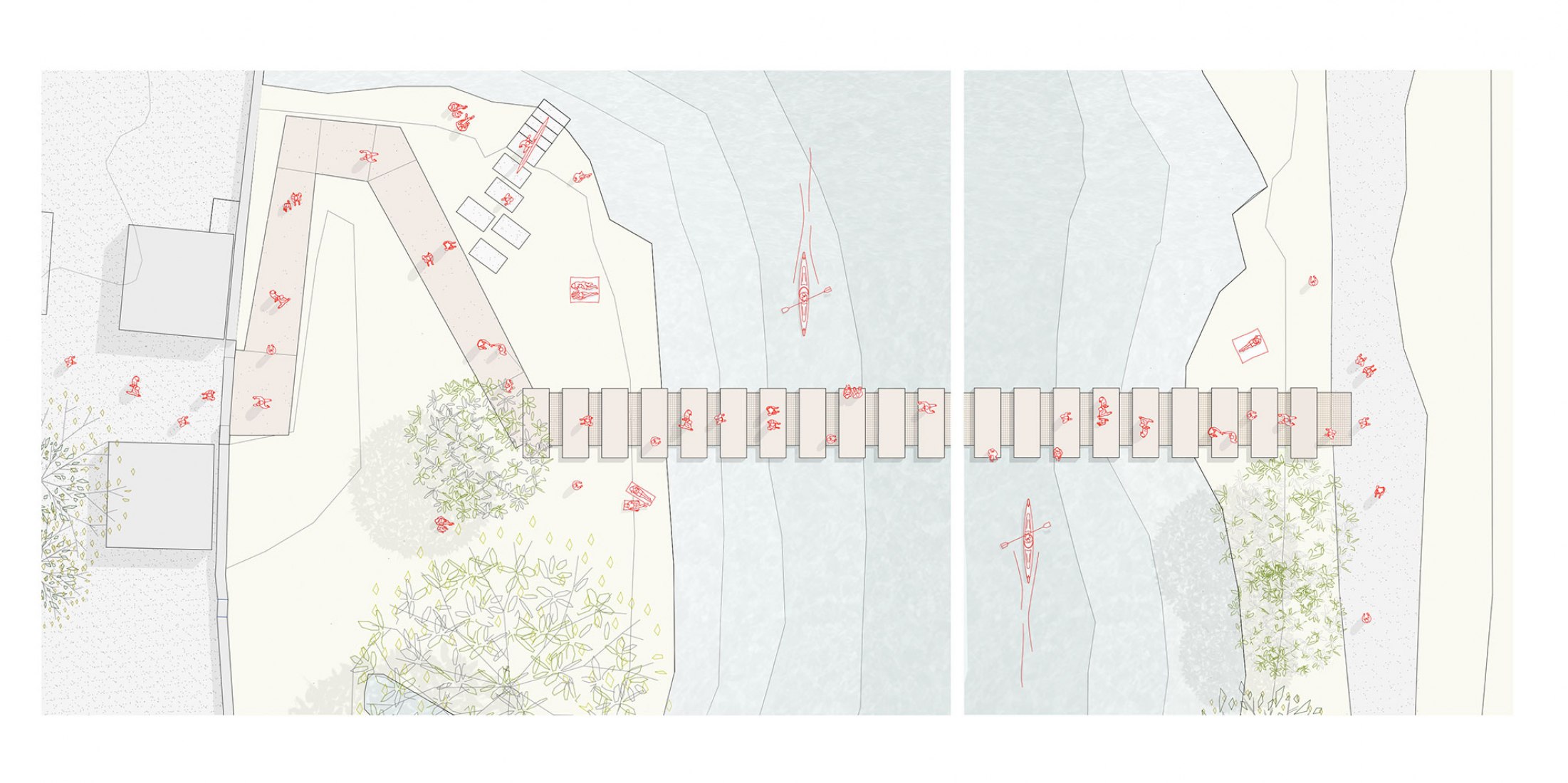 Jump to the other side of the riverbed. Floodable bridge over Ter river ...