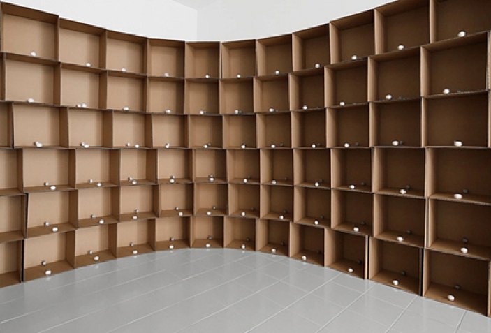 "138 prepared dc-motors, cotton balls, cardboard boxes 40x40x40cm, 2011 ...